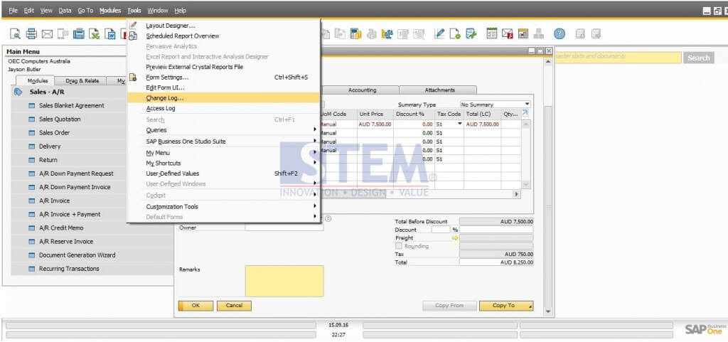Change Log | SAP Business One Indonesia Tips | STEM SAP Gold Partner