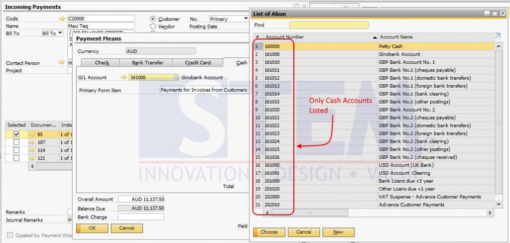 Only Allow Cash Accounts in Cash Payment Means – SAP B1