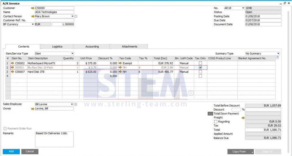 Invoice for Tax-Only Items