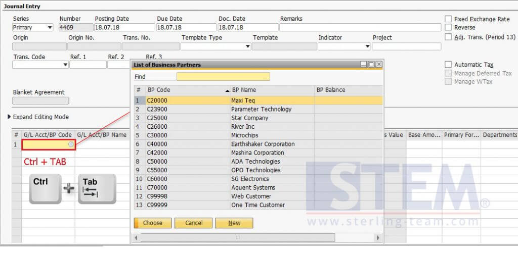 Use Of Business Partner Code In Journal Entry SAP Business One