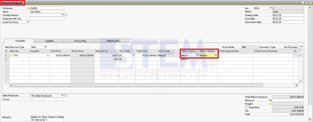 Create Return Request Before Return Process in SAP B1