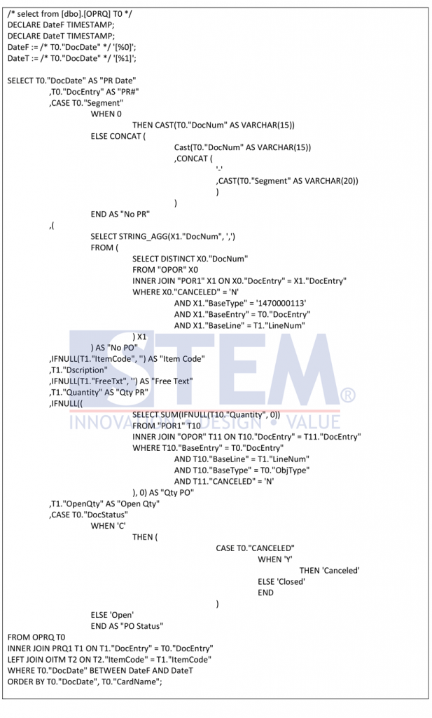 Custom Report Query Purchase Request (PR) vs Purchase Order (PO)