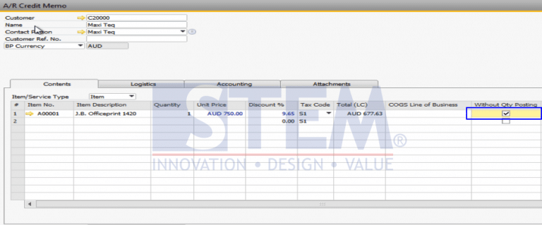 Credit Memo Without Affecting Inventory in SAP B1