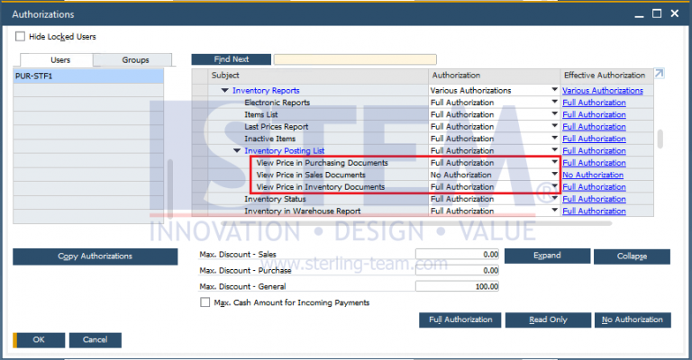 How to Set User Authorization to View Discount Price in SAP B1