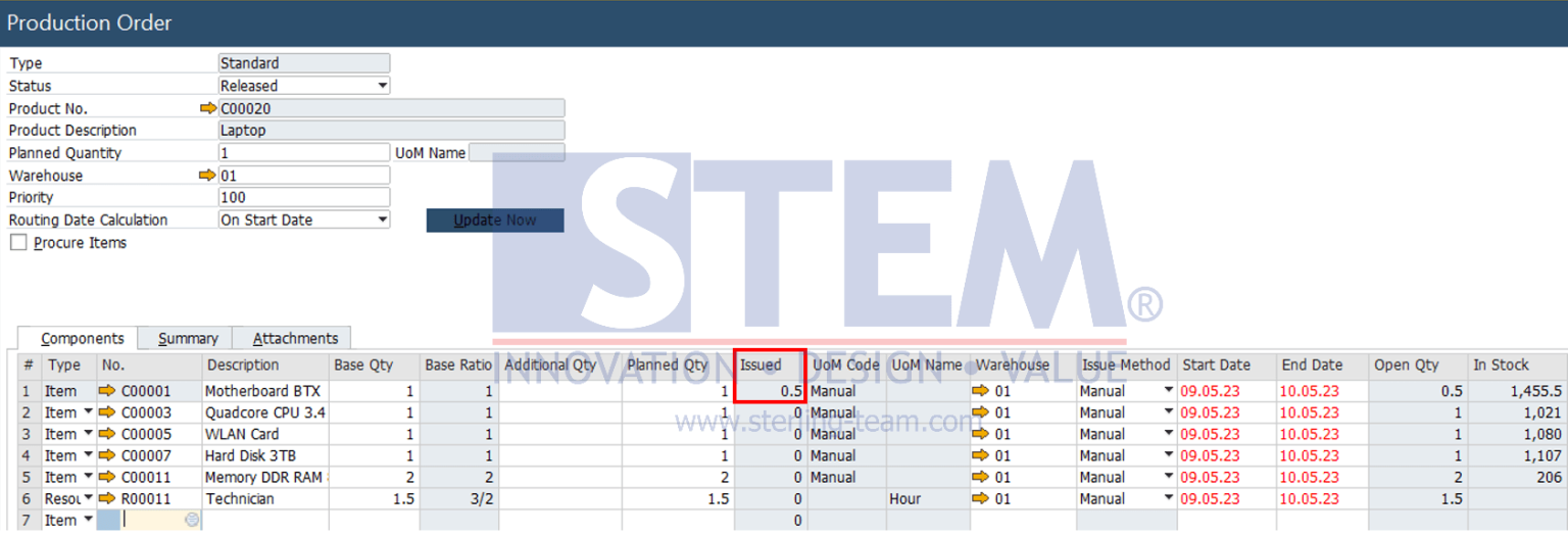 How to Return Issued Components in Production Order