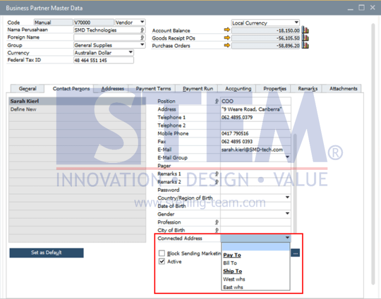 Link Contact Person to Business Partner Address