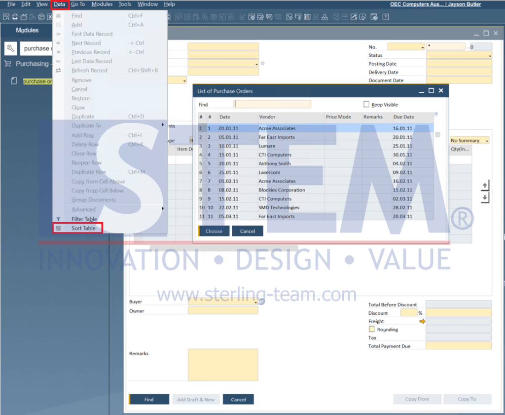 How to Use Sort Table in SAP Business One