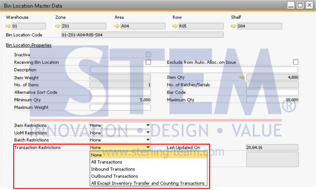 Setting Bin Location Transaction Restriction 8219