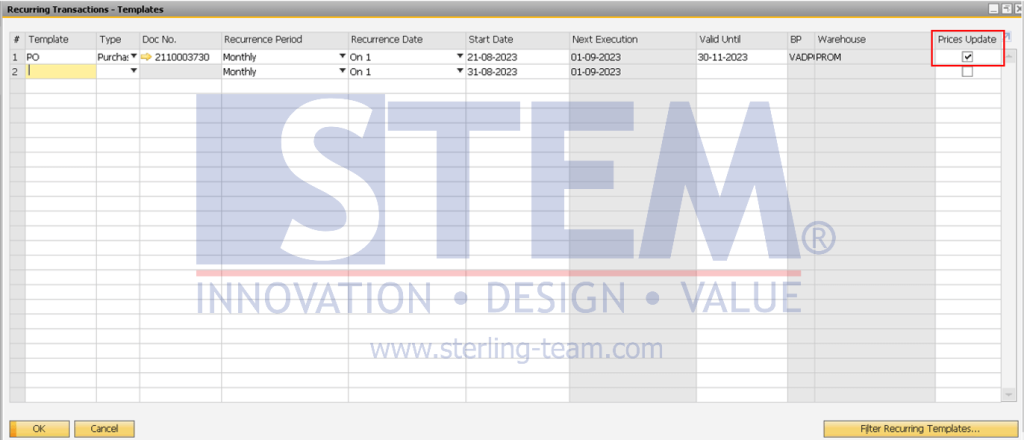 Auto Update Price in Recurring Transactions SAP B1