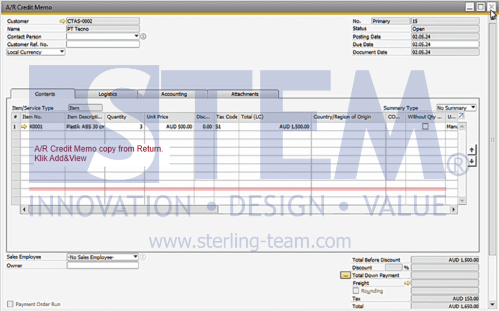A/R Credit Memo for Returned Items in SAP B1