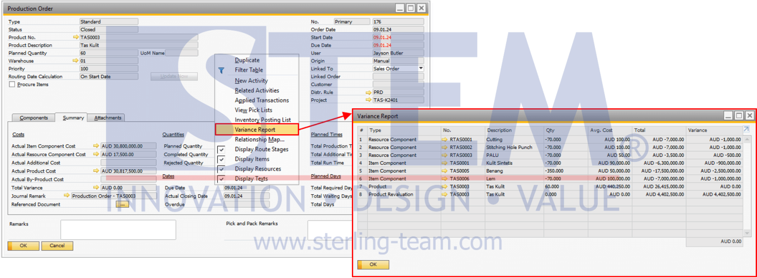 Variance Report in SAP Business One Production