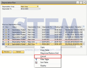 Cancel Depreciation Run in SAP Business One Guide
